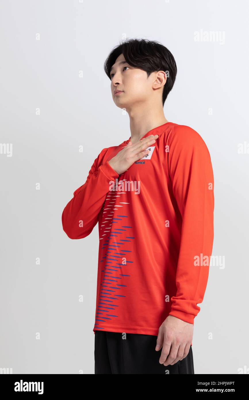 soccer football sports player, asian korean man with motions in studio ...