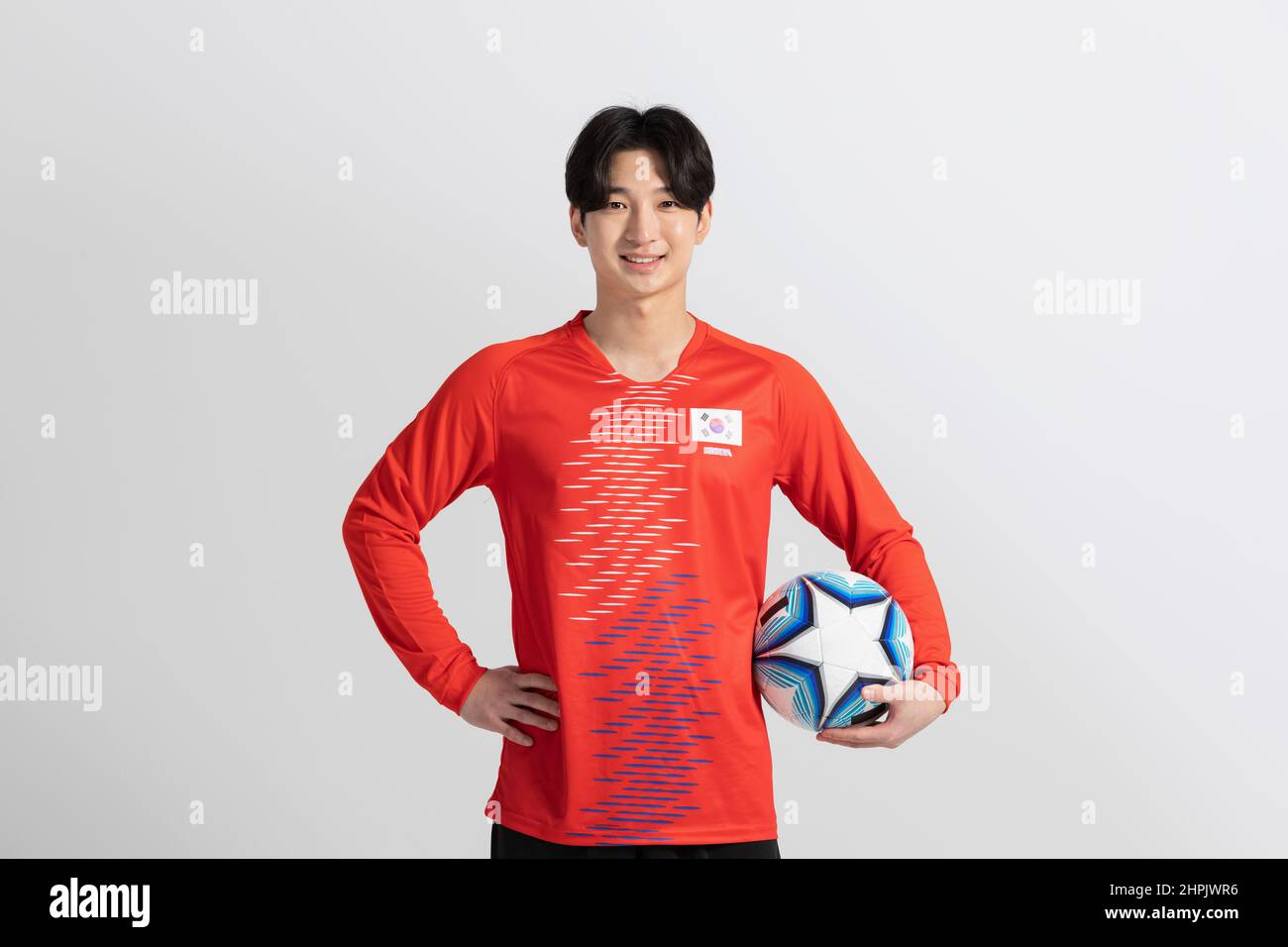 soccer football sports player, asian korean man with motions in studio ...