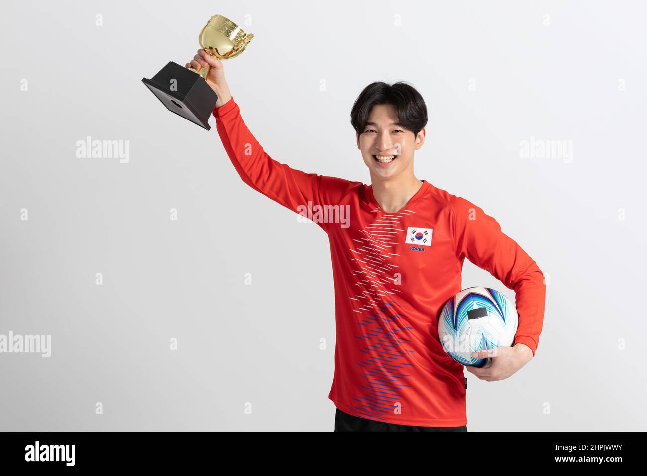 soccer football sports player, asian korean man with motions in studio ...