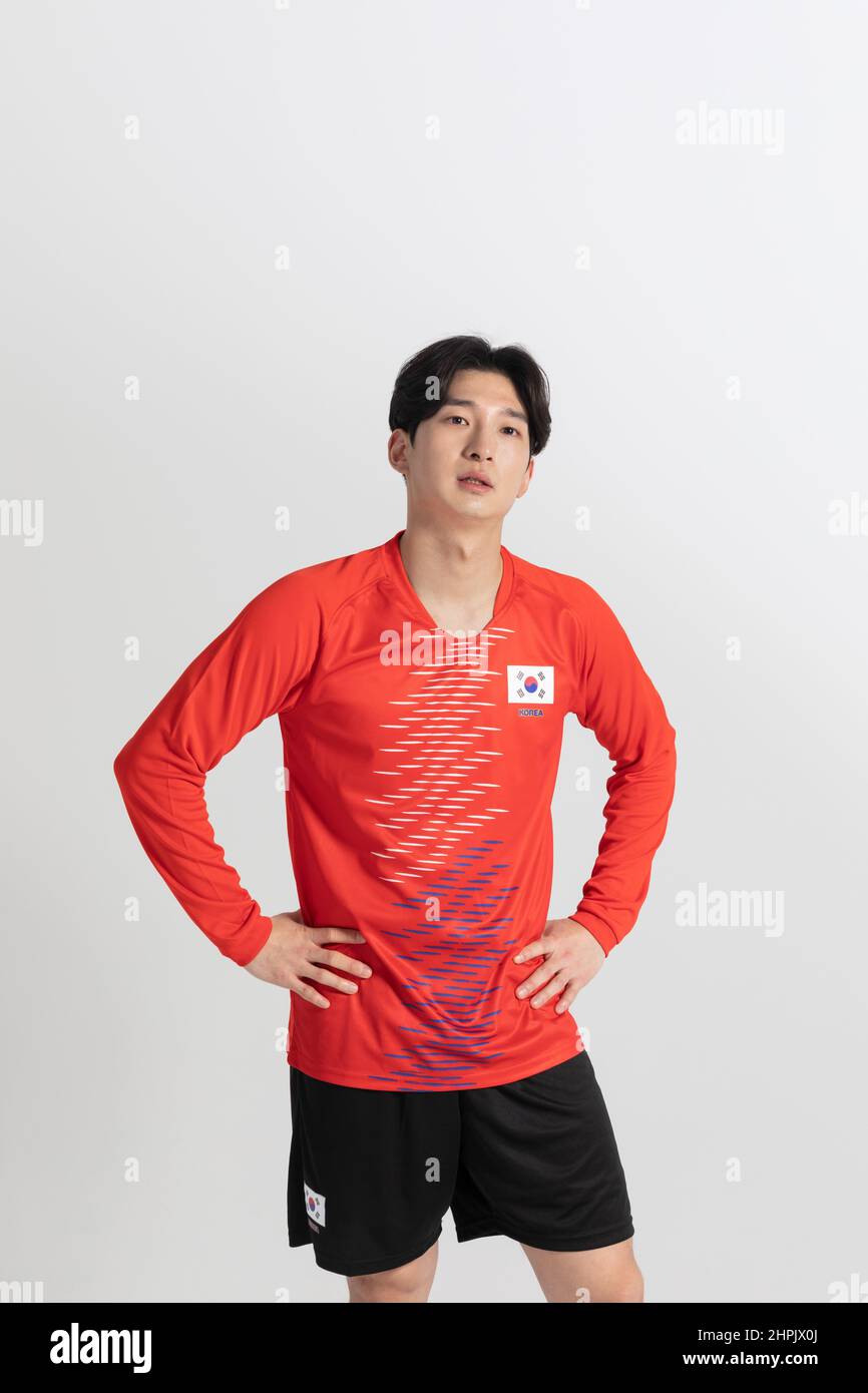 soccer football sports player, asian korean man with motions in studio ...