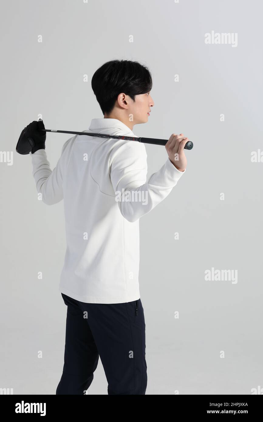 golf sports player, asian korean man with golf club in studio Stock ...