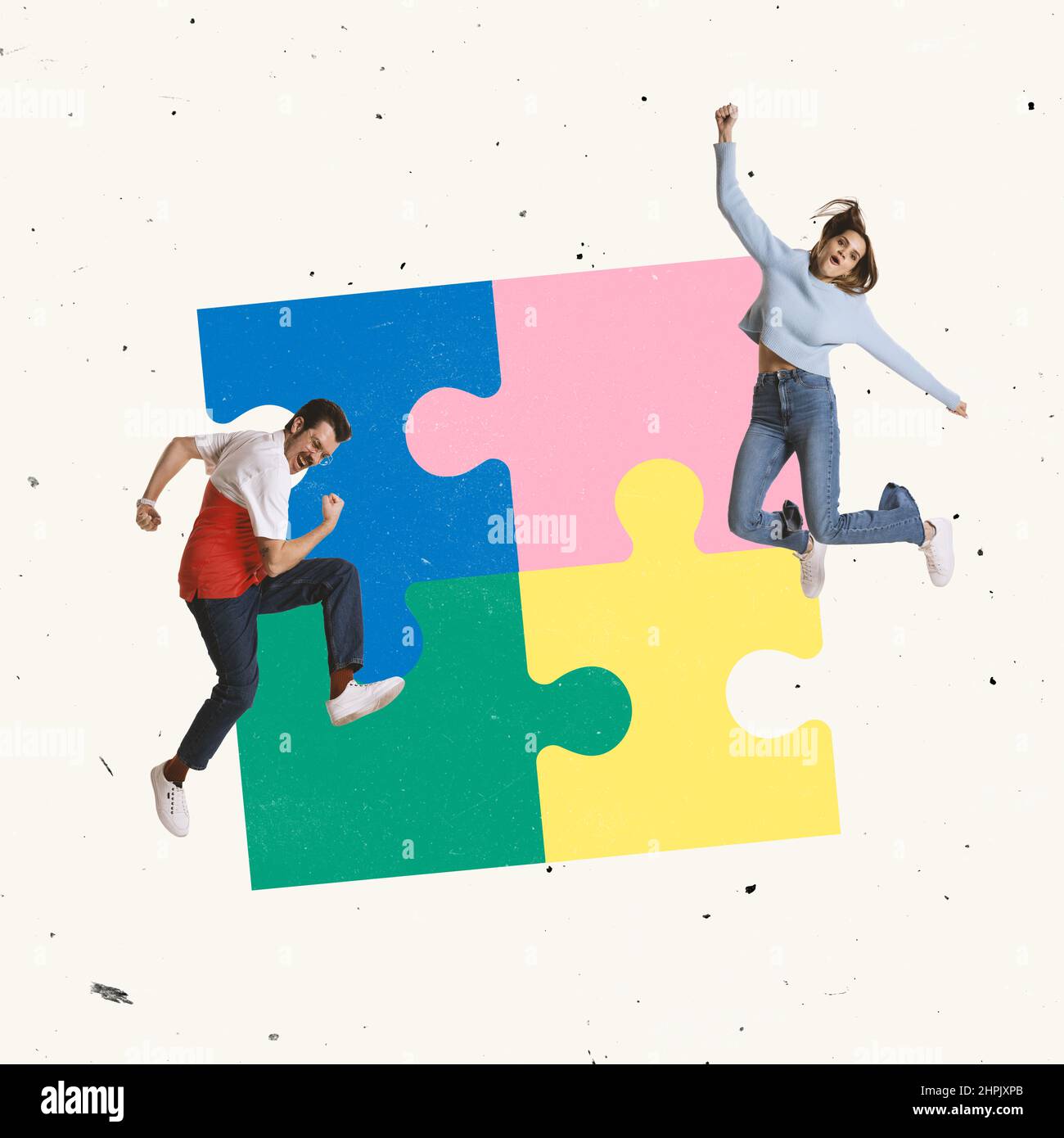 Contemporary art collage. Group of people connecting puzzles ...