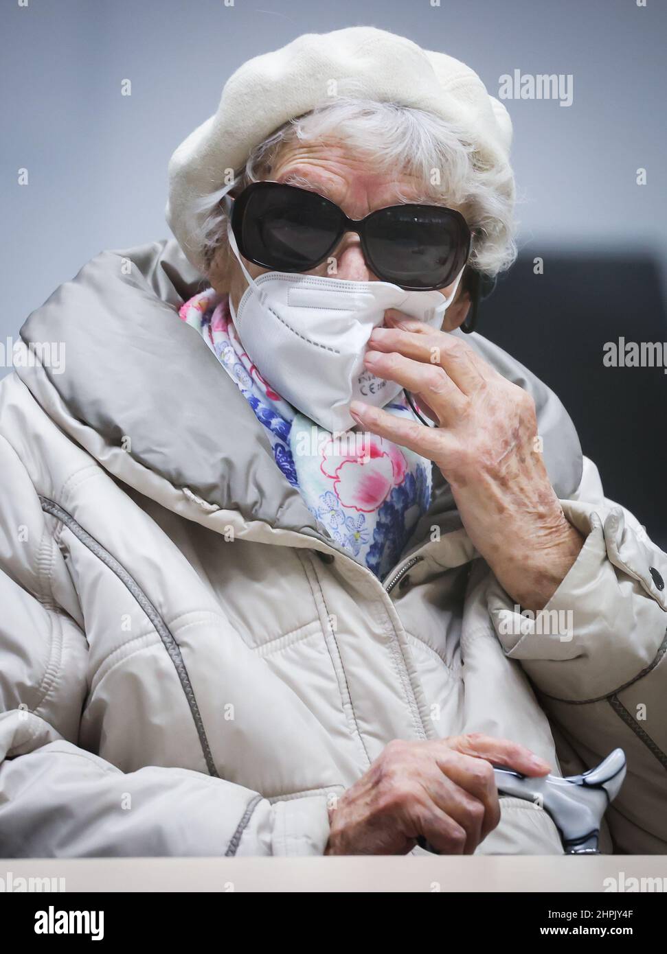 Itzehoe, Germany. 22nd Feb, 2022. The defendant Irmgard F. sits in the ...