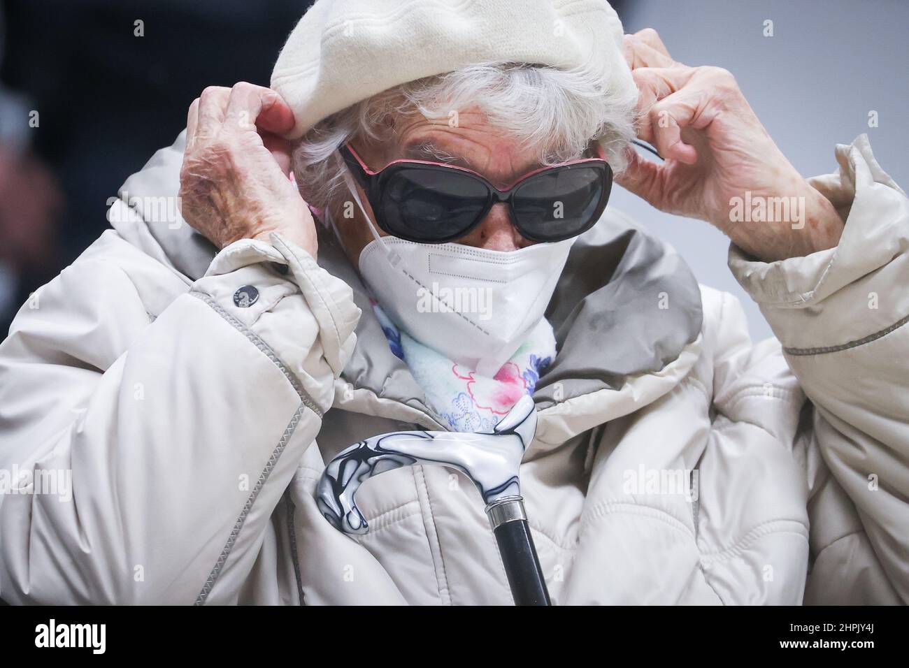 Itzehoe, Germany. 22nd Feb, 2022. The defendant Irmgard F. sits in the ...