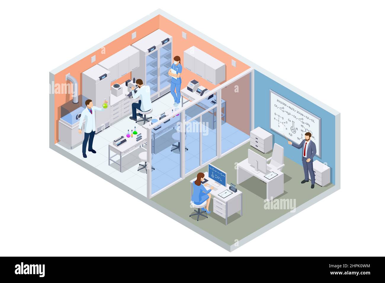 Isometric chemical laboratory concept. Laboratory assistants work in ...