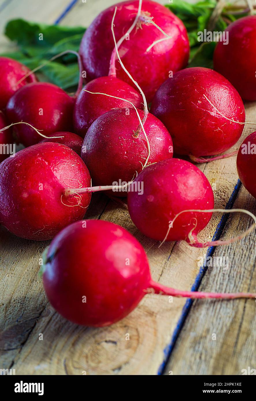 Garden red radish on wooden table hi-res stock photography and images ...