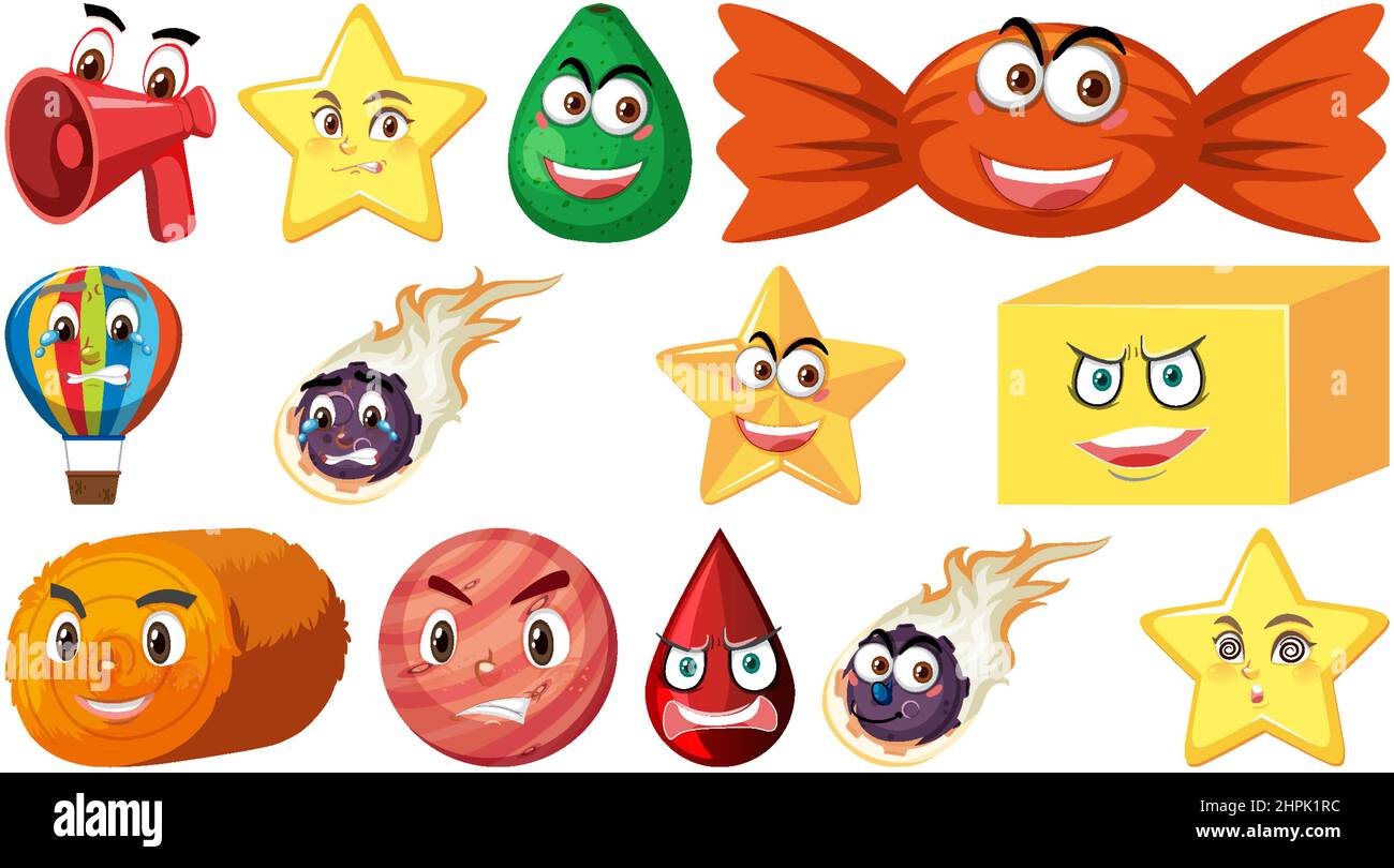 Set of different toy objects with smiley faces illustration Stock ...