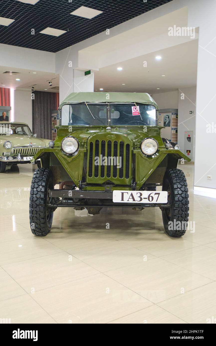 The Gaz-67 green military small jeep transport car, vehicle. At the ...