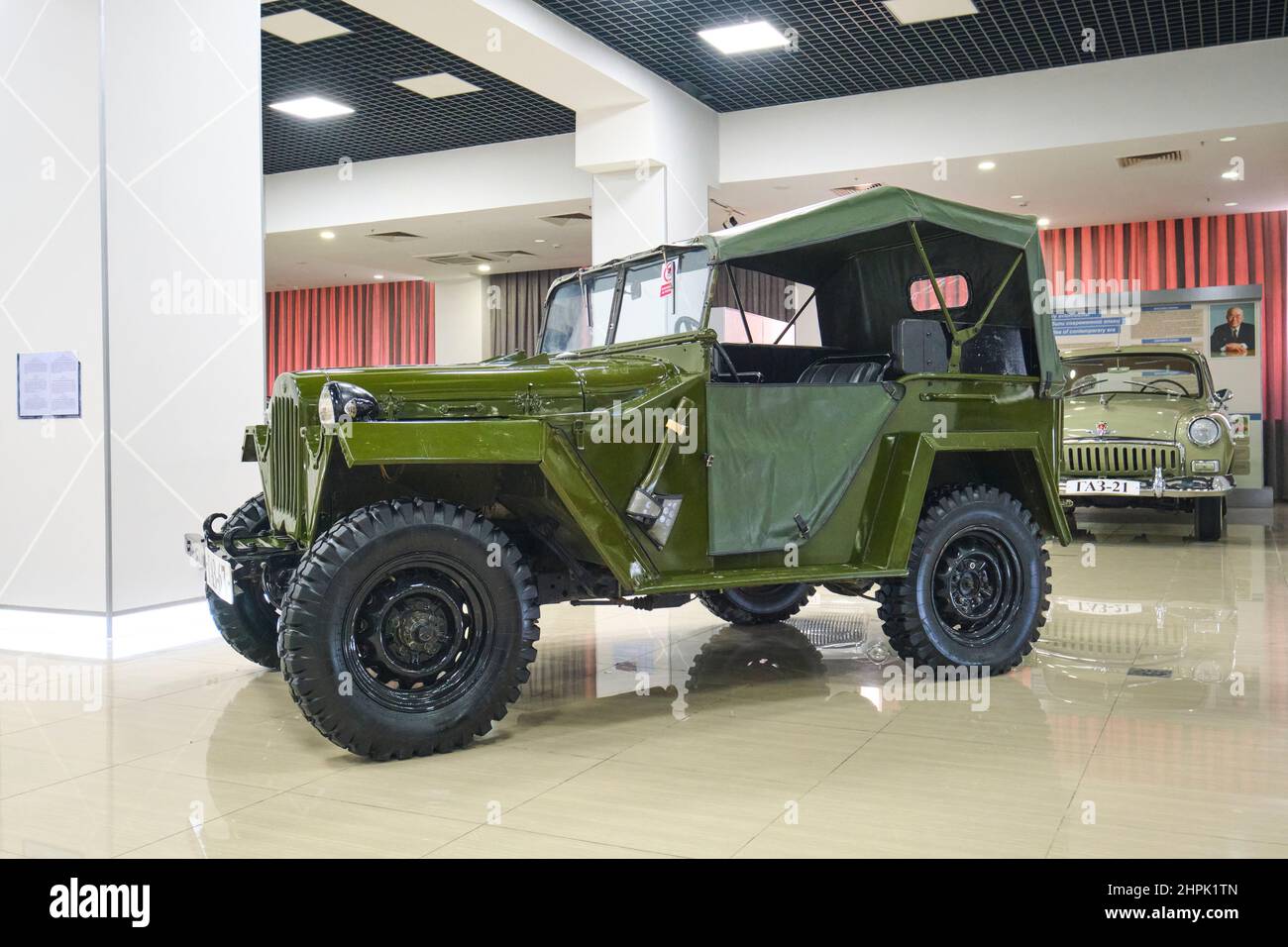 The Gaz-67 green military small jeep transport car, vehicle. At the ...