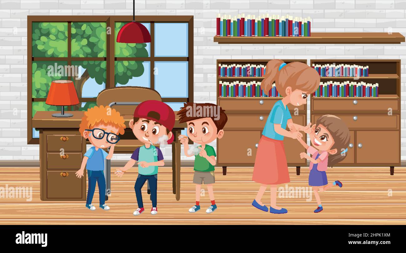 Workroom or workplace scene with family members illustration Stock ...