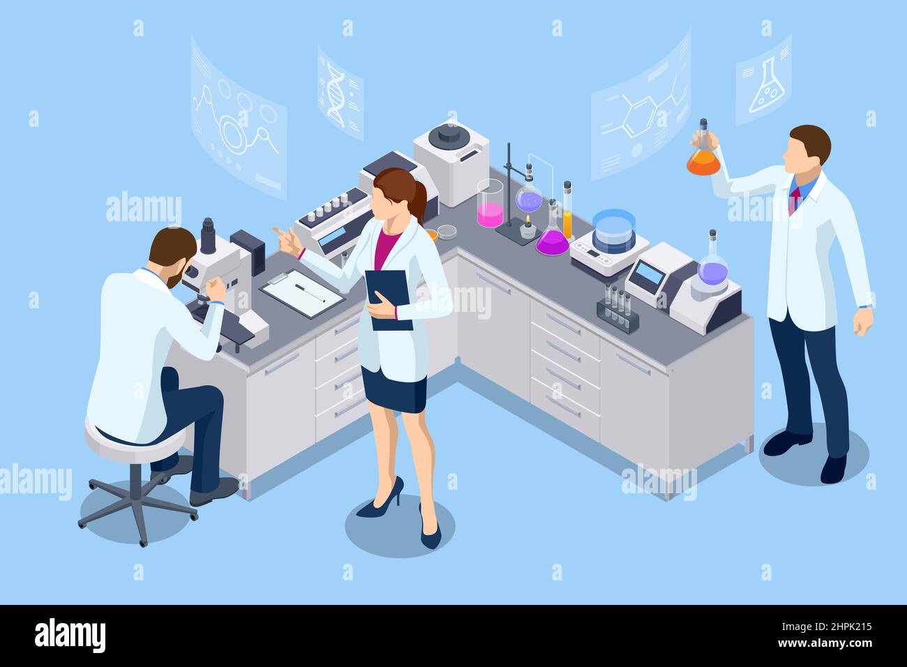 Isometric chemical laboratory concept. Laboratory assistants work in ...