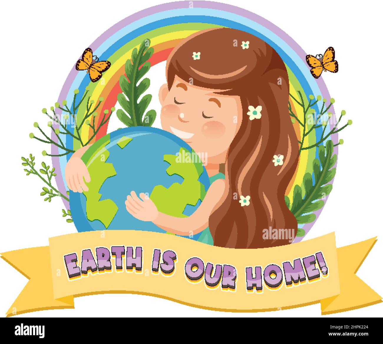 Earth is our home banner design with a girl hugging earth globe ...
