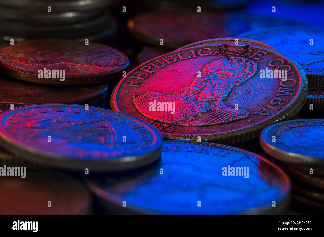 Colombian One Peso Coin 1974 Bolivar Pile of Coins Blue and Magenta ...