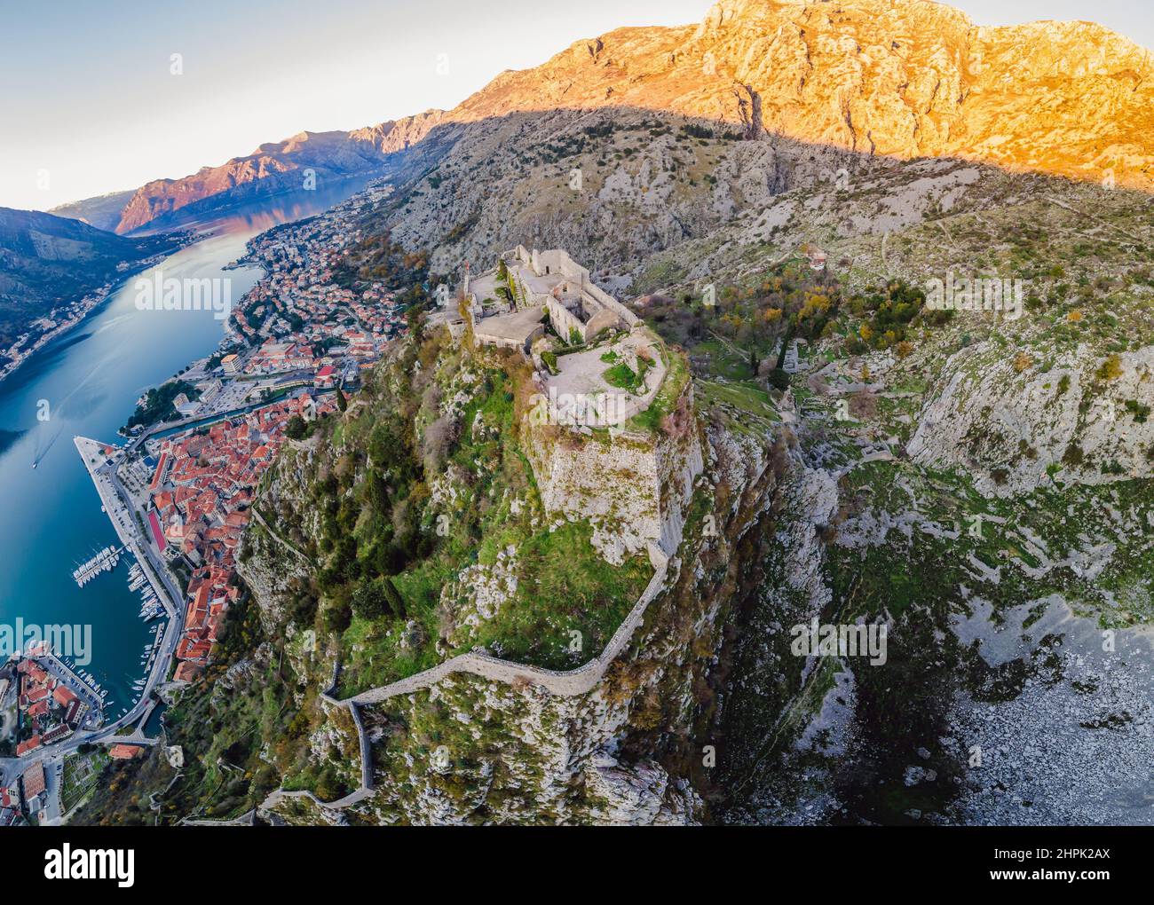 Kotor Old Town Ladder of Kotor Fortress Hiking Trail. Aerial drone view ...