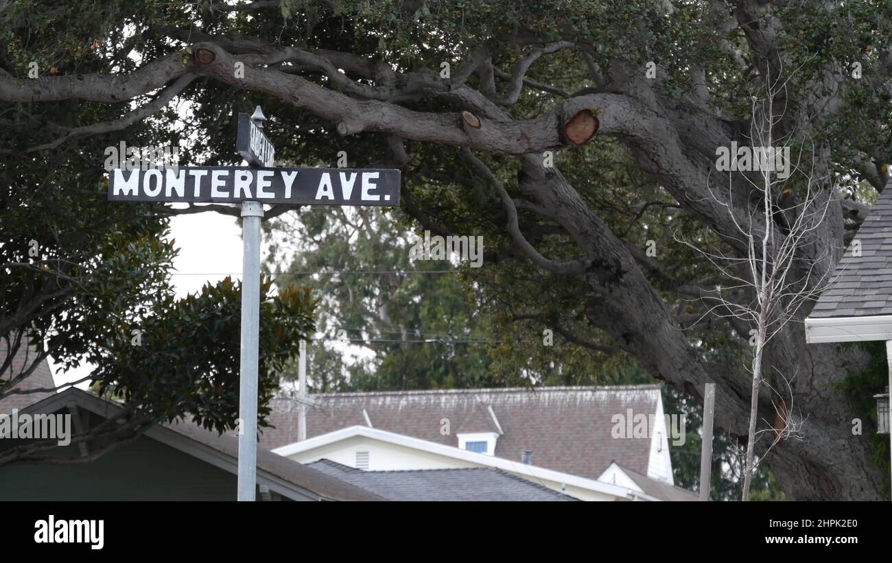 Monterey road sign, California street crossroad, USA. Tourist resort ...