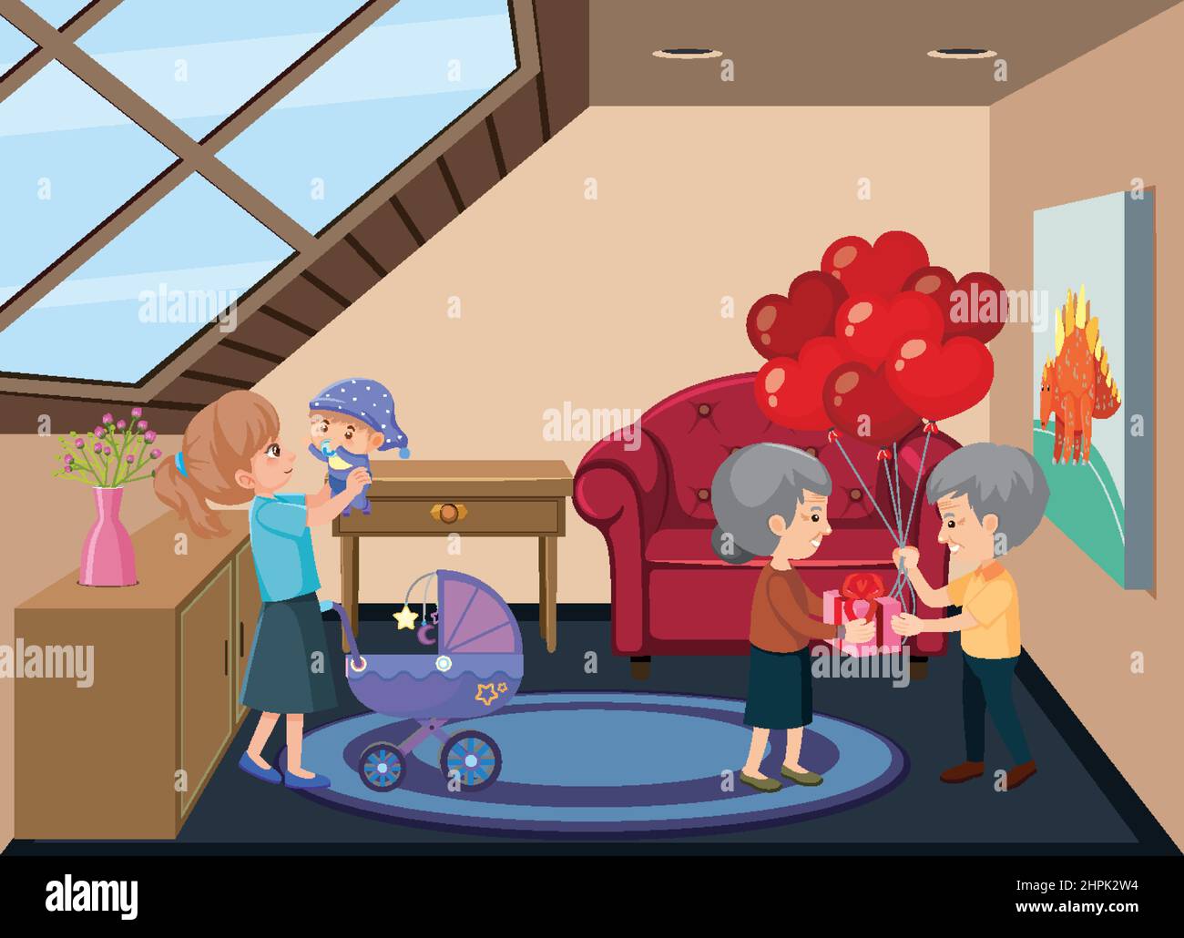 Garret room scene with family members illustration Stock Vector Image ...