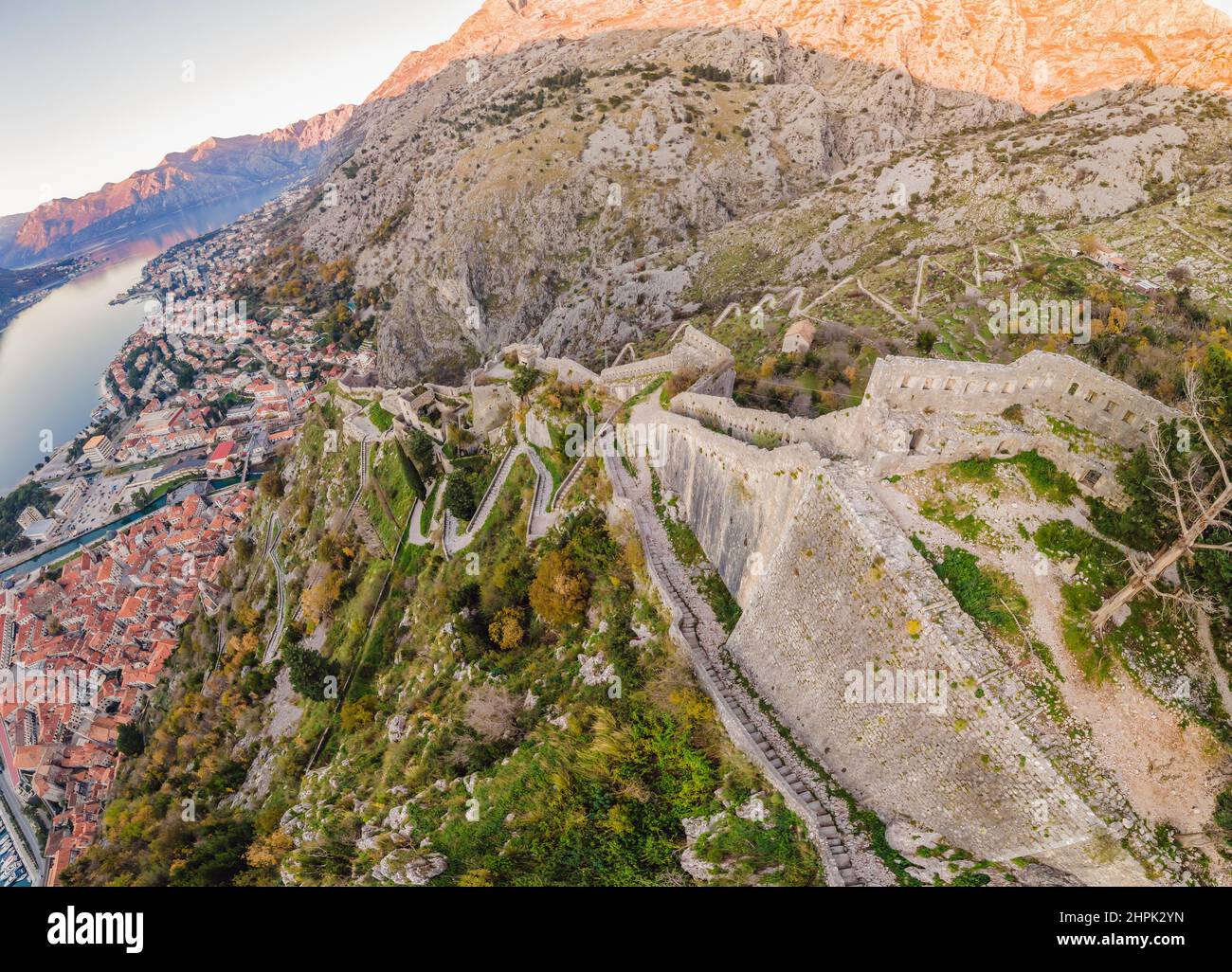 Kotor Old Town Ladder of Kotor Fortress Hiking Trail. Aerial drone view ...