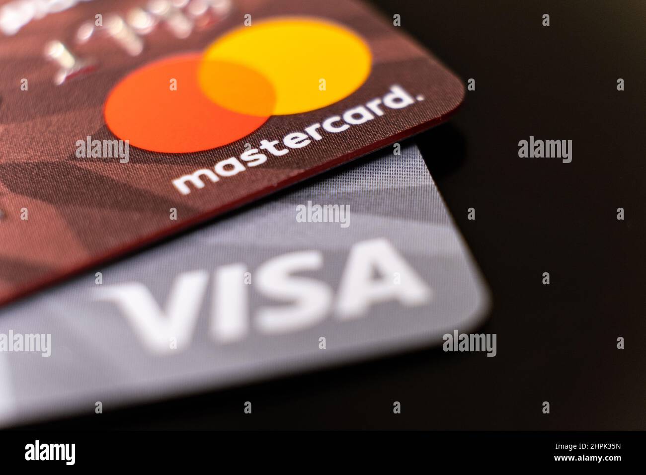 Mastercard and visa plastic electronic credit cards macro close up ...