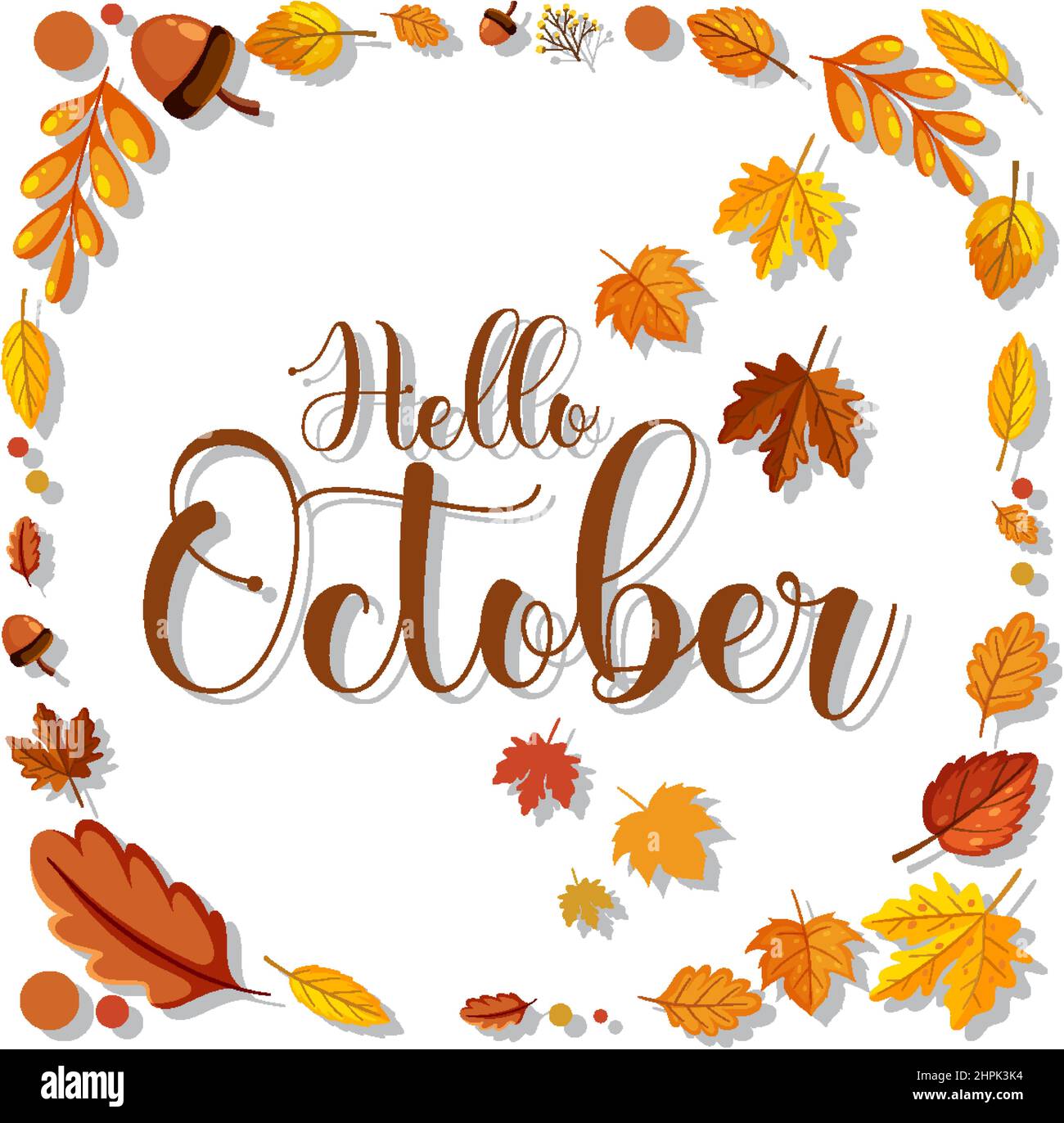 Hello October with ornate of autumn leaves frame illustration Stock ...