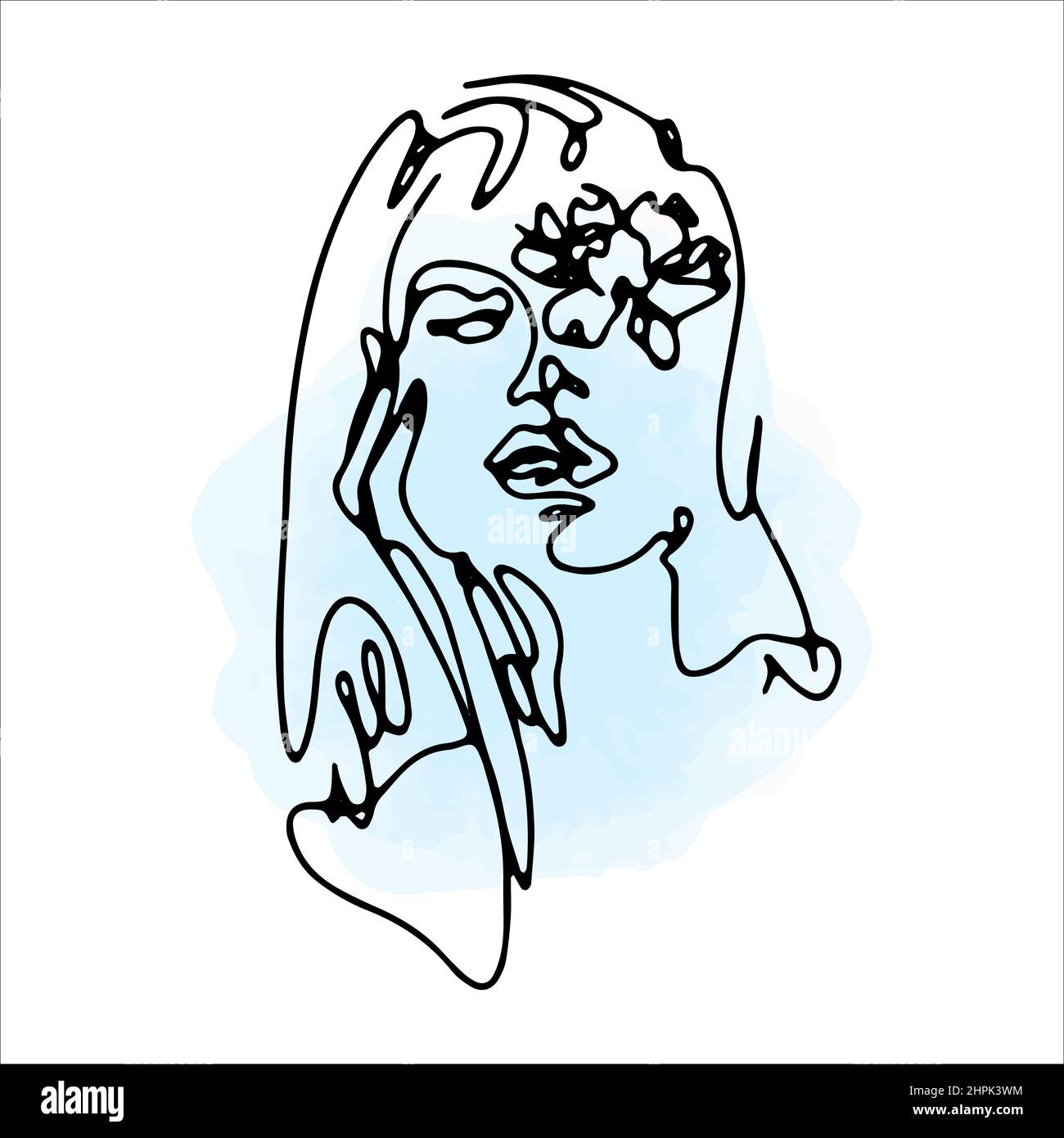 Line art woman face in boho style with a blue watercolor stain. Vector ...