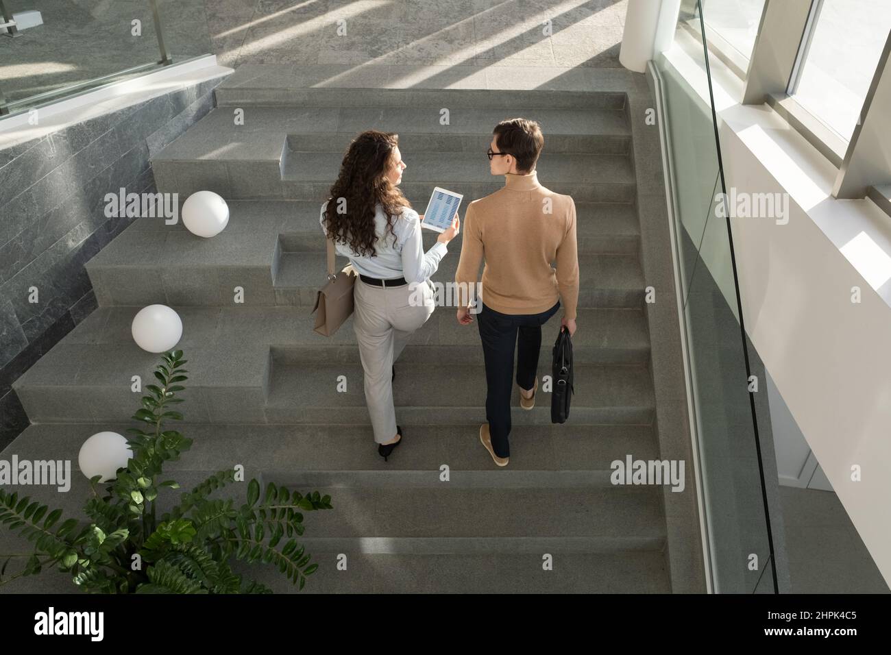 Two young confident managers of high tech company having discussion of ...