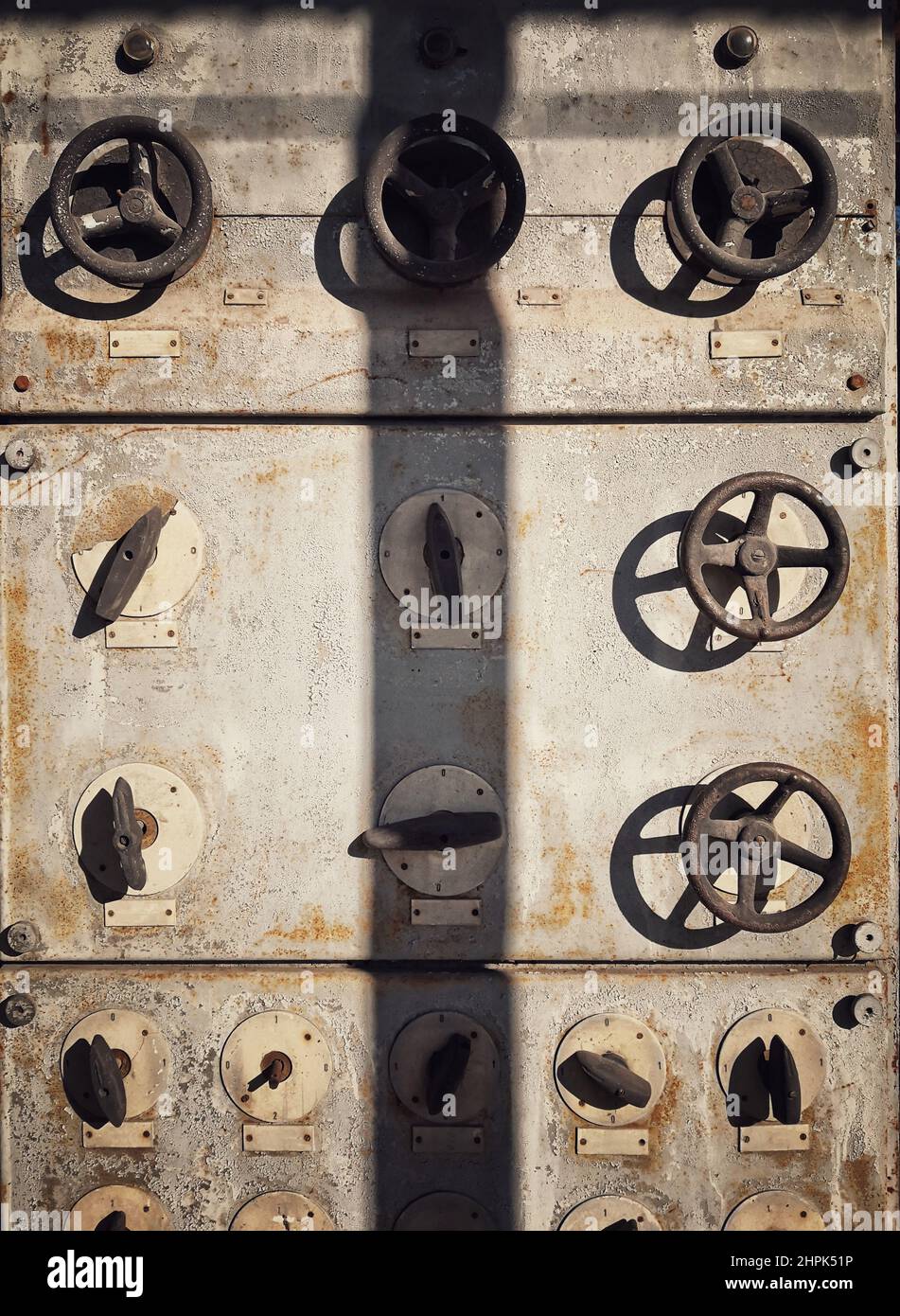 Vintage switch control panel with many buttons in factory manufacturing ...