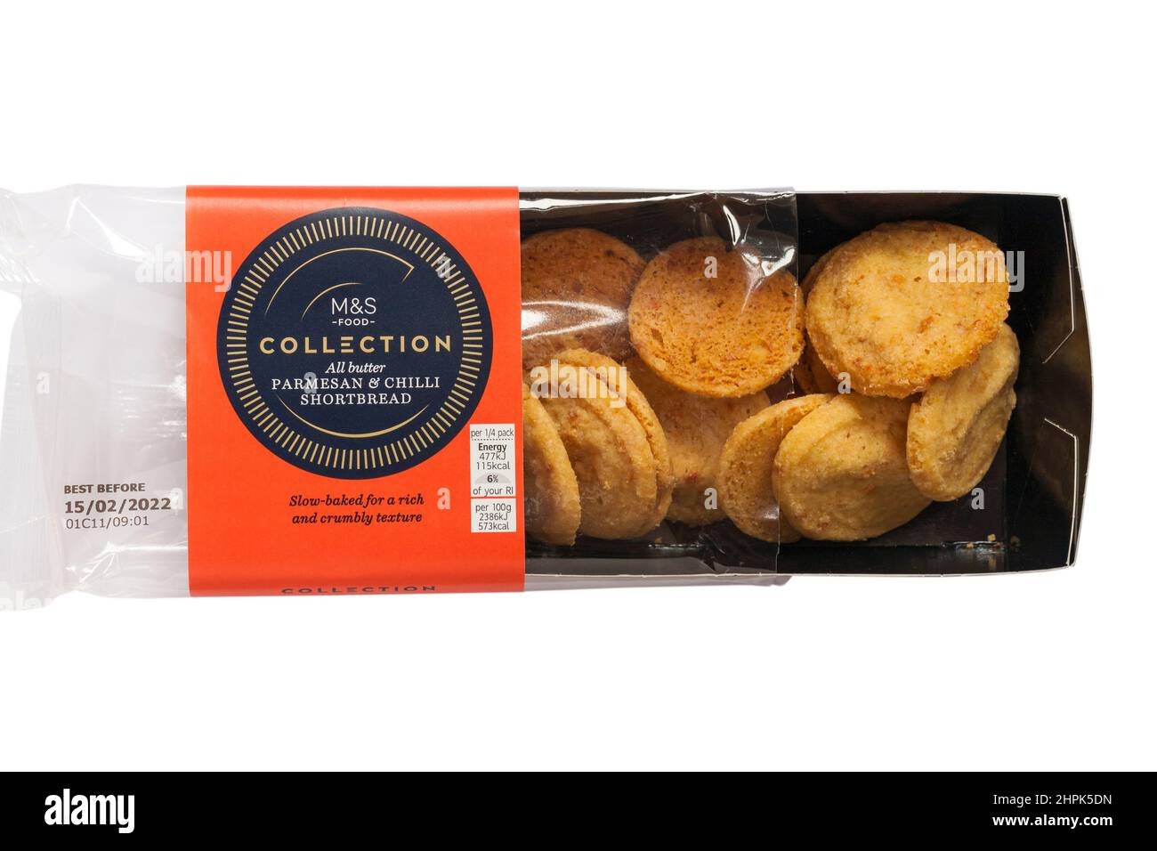 Packet of M&S all butter Parmesan & Chilli Shortbread biscuits opened ...