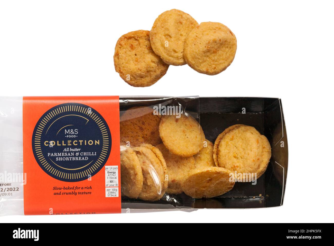 Packet of M&S all butter Parmesan & Chilli Shortbread biscuits opened ...