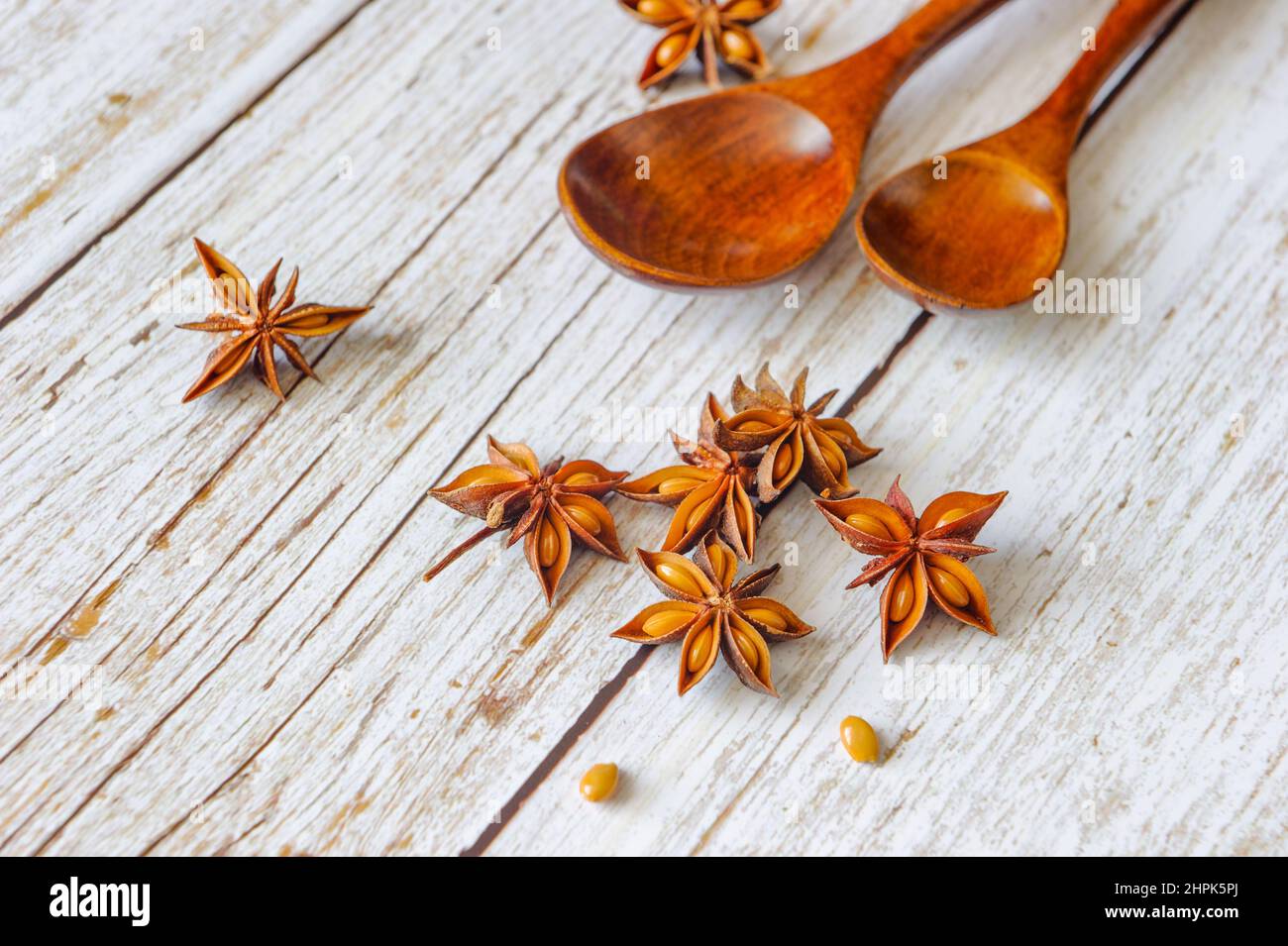 Anise, wooden table of star anise, star anise Stock Photo - Alamy