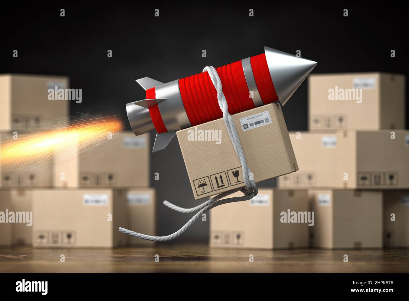 Fast delivery packet or parcel concept. Rocket with cardpoard box. 3d ...