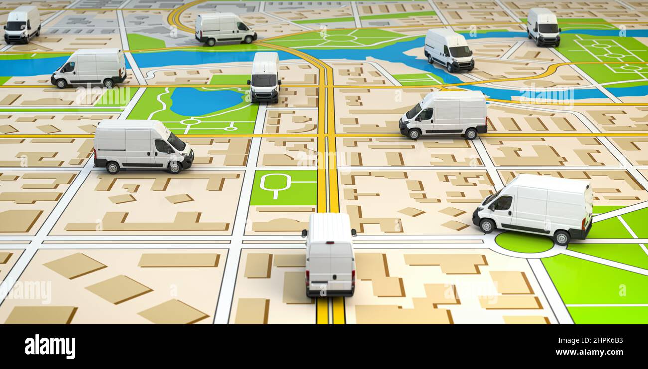 Delivery comercial vans on city map. Fleet of delivery service. 3d ...
