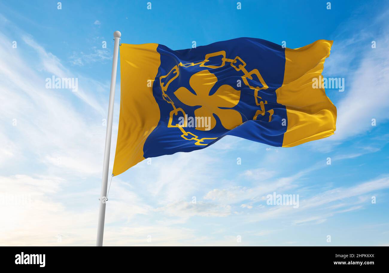 flag of Hamilton , Canada at cloudy sky background on sunset, panoramic ...