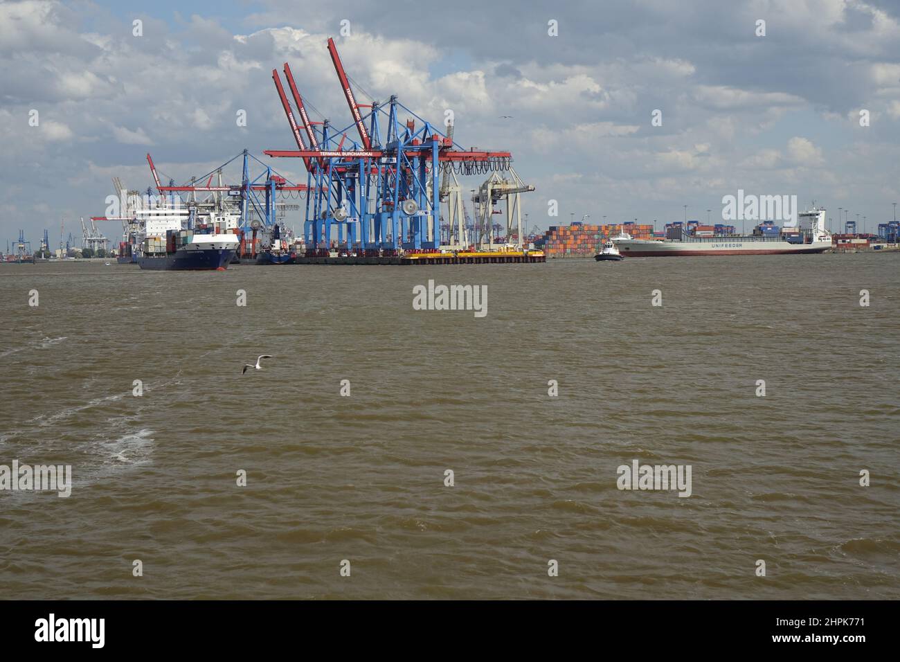 Hamburg harbour container terminal Buchardkai seen from River Elbe ...