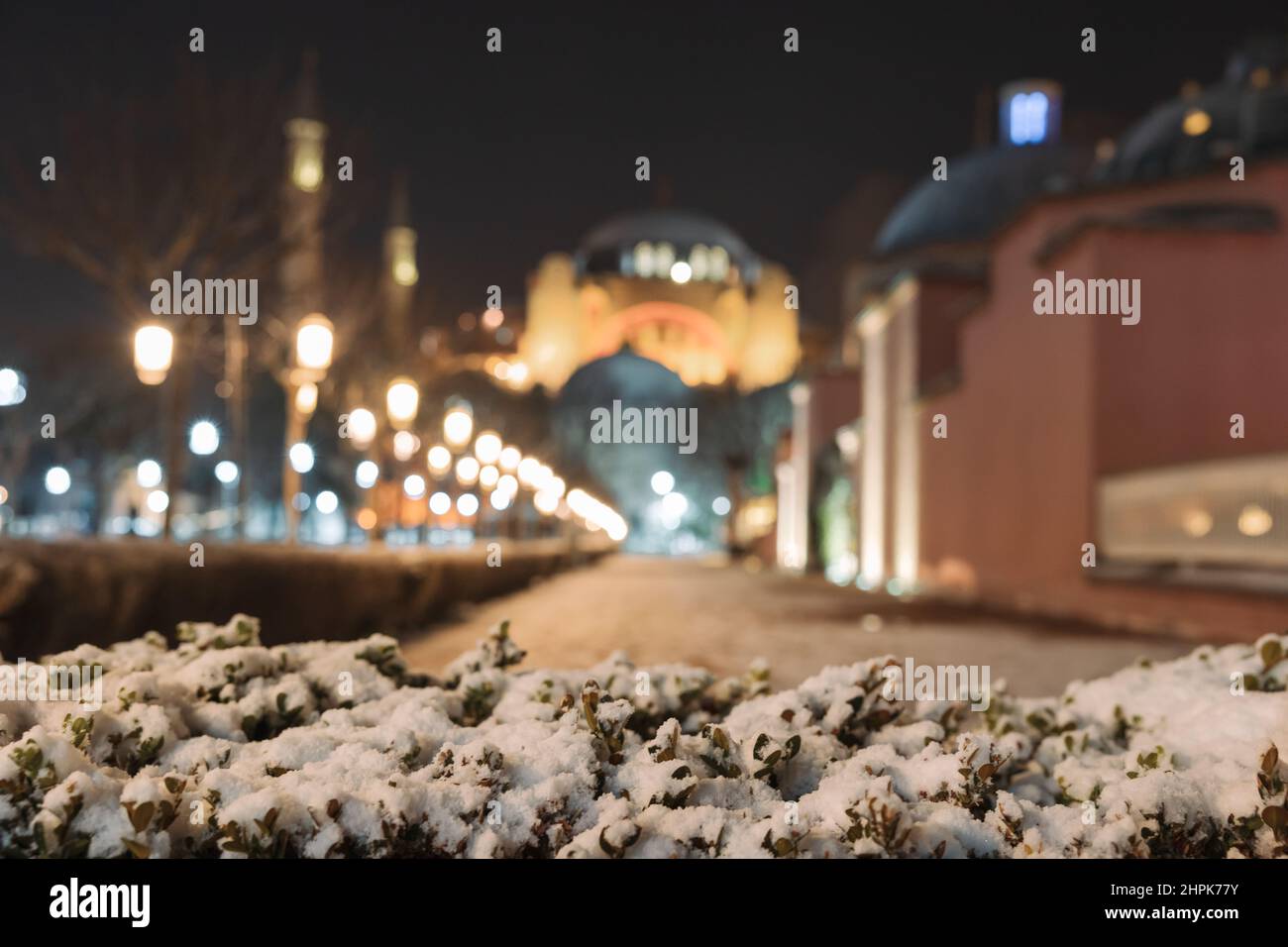 Istanbul in winter background photo. Snow covered plants and Hagia ...
