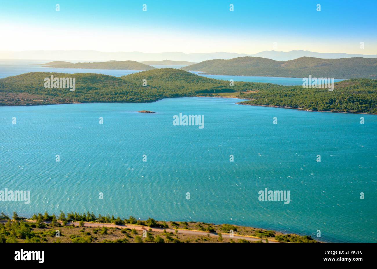 a view of the Mediterranean coastline, Greek islands, a lot of bays and ...
