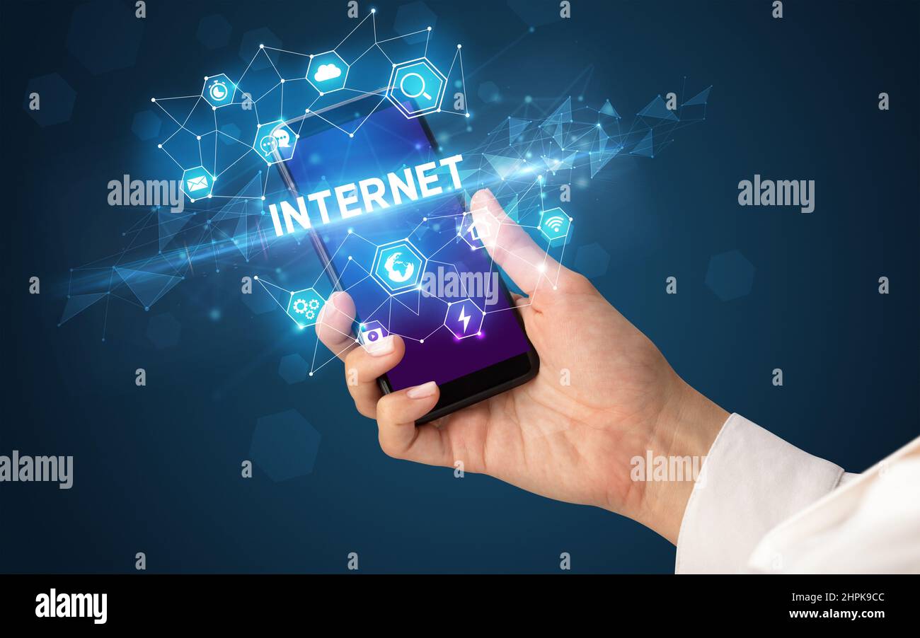 Hand using smartphone with technology concept Stock Photo - Alamy