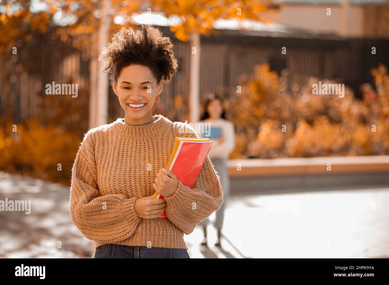 Pretty smiling mulatta in beige sweater Stock Photo - Alamy