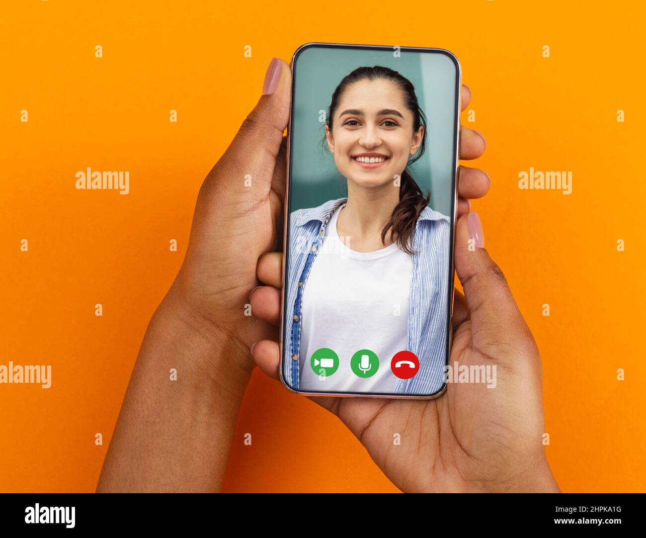 Virtual Chat. Black Woman With Smartphone Communicating With Her Female ...