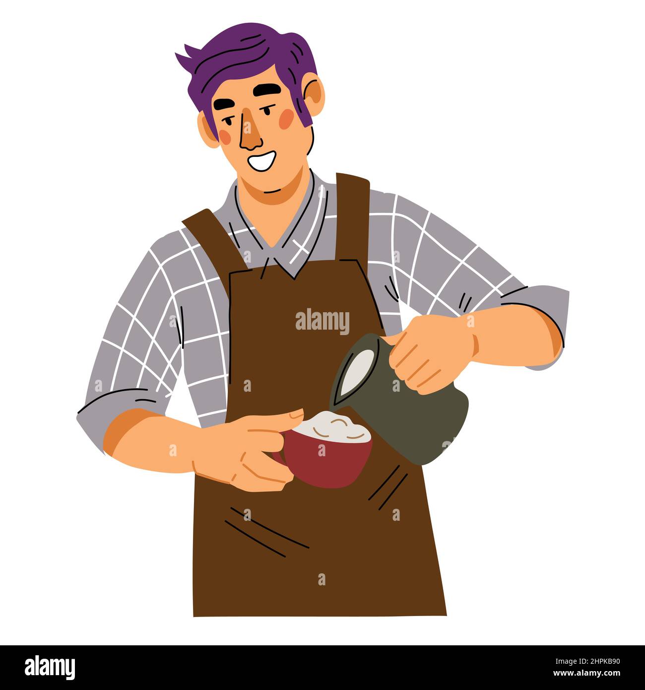 Barista male cartoon character pouring milk to coffee cup, flat vector ...