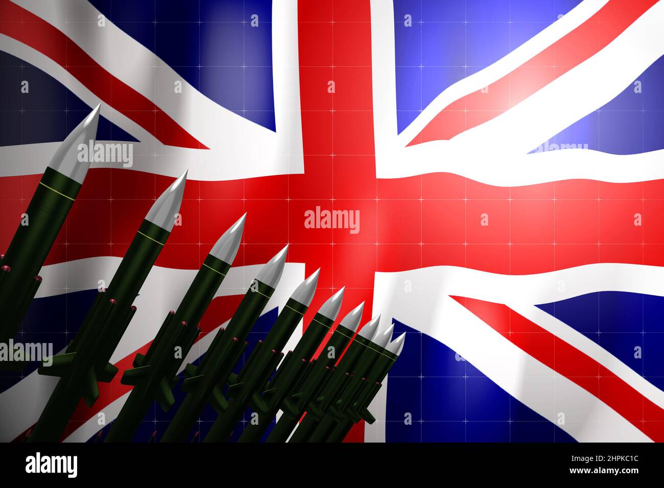 Cruise missiles, flag of United Kingdom in background - defense concept ...