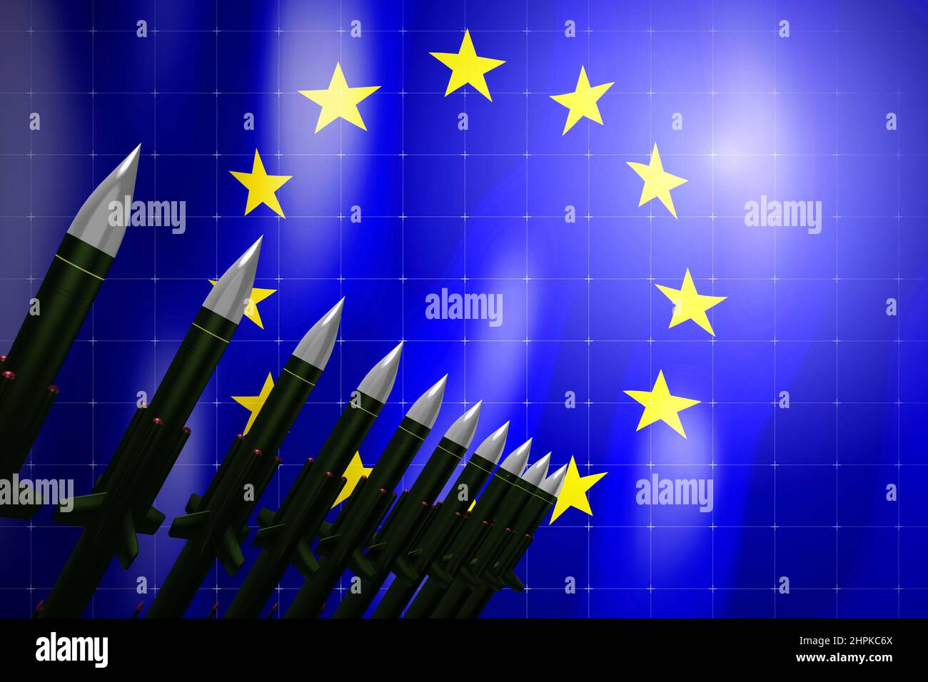 Cruise missiles, flag of European Union in background - defense concept ...