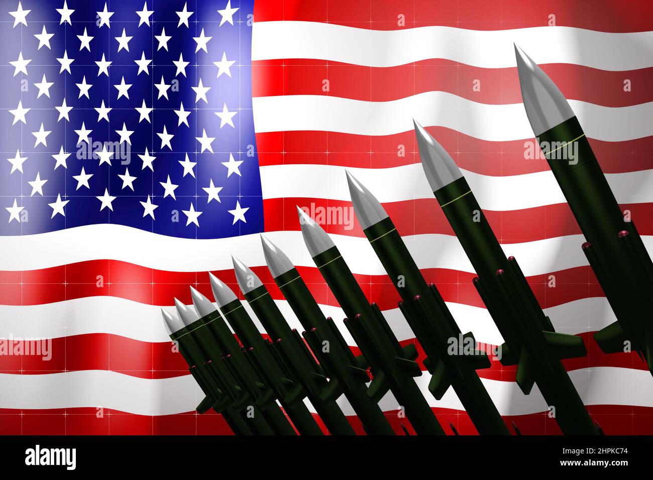 Cruise missiles, flag of the USA in background - defense concept - 3D ...
