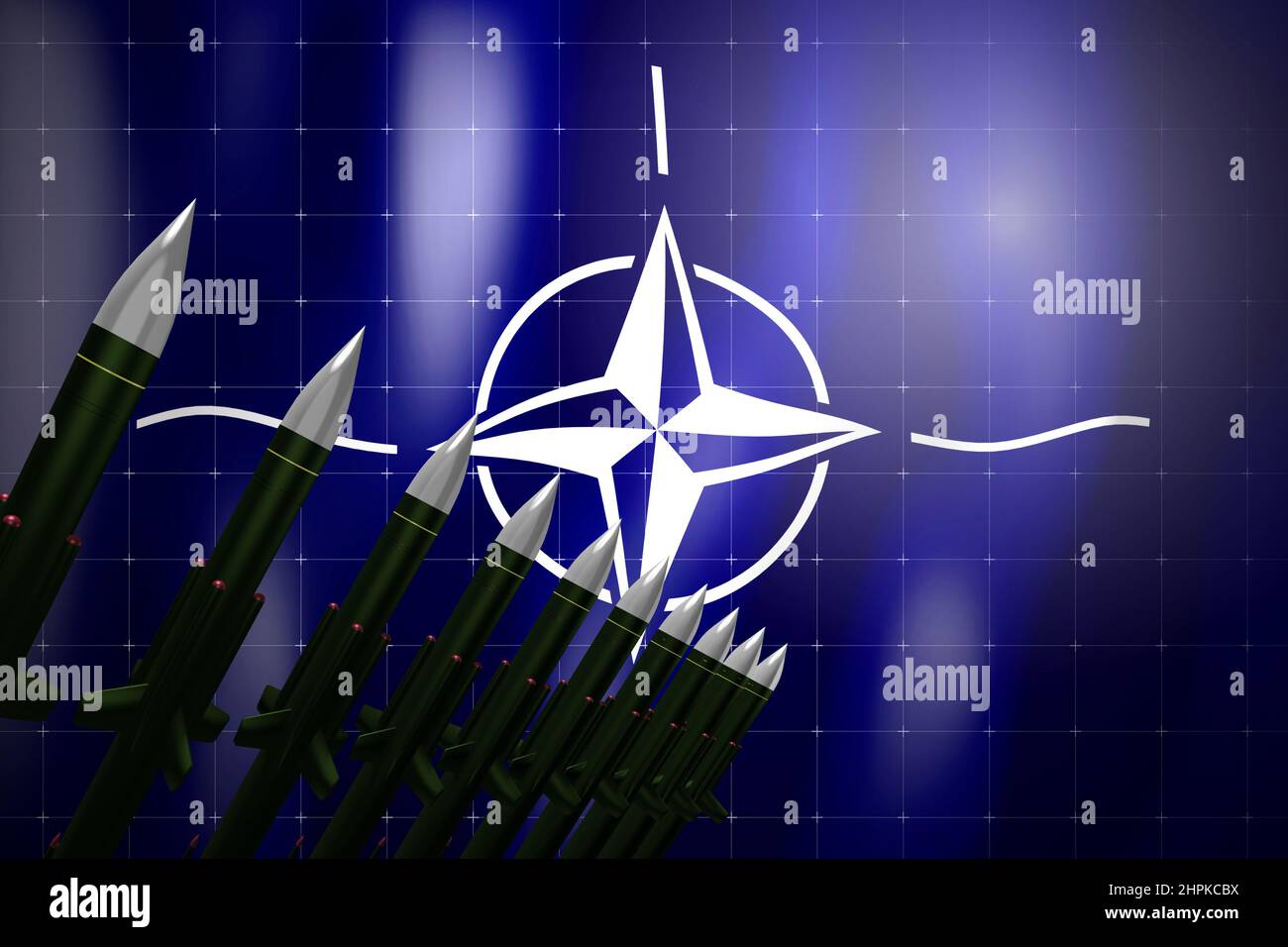 Cruise missiles, flag of NATO in background - defense concept - 3D ...