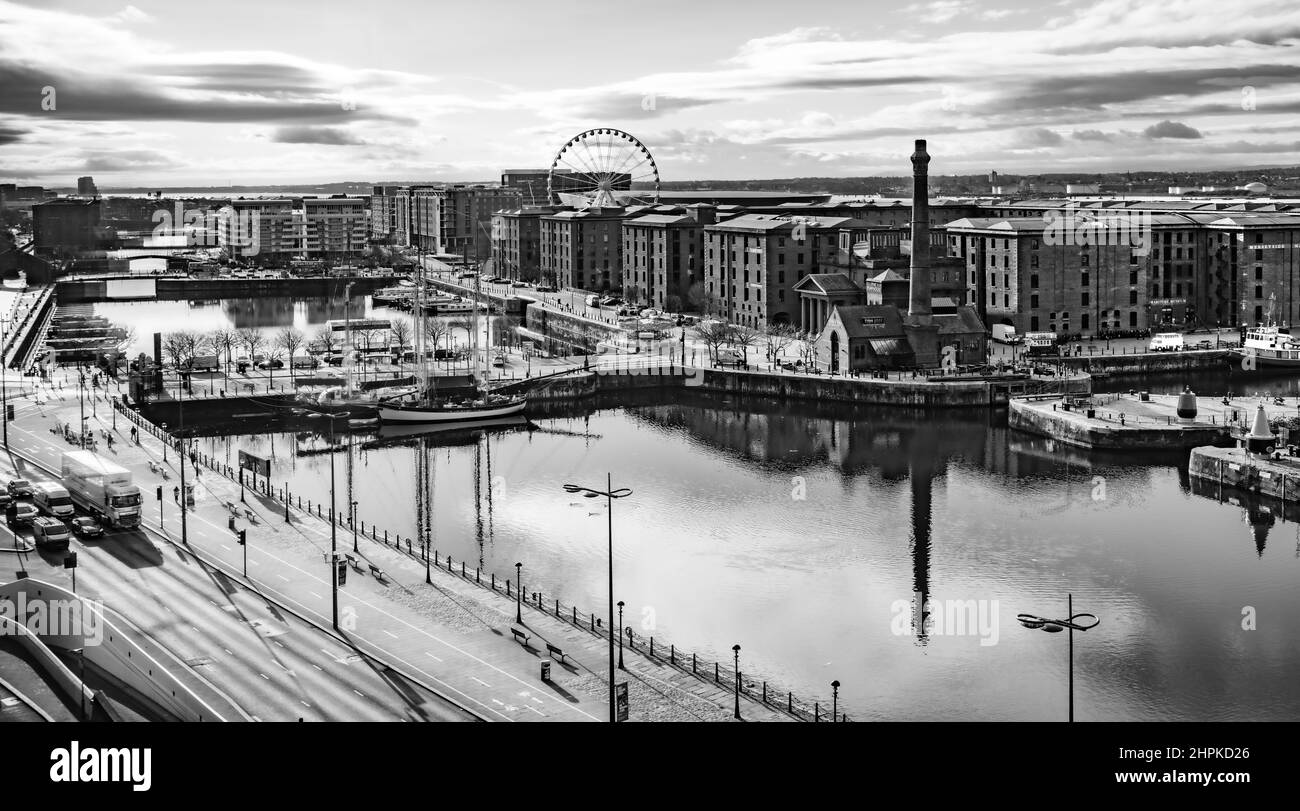 A black and white aerial image of Royal Ablert Docks, Liverpool, with ...