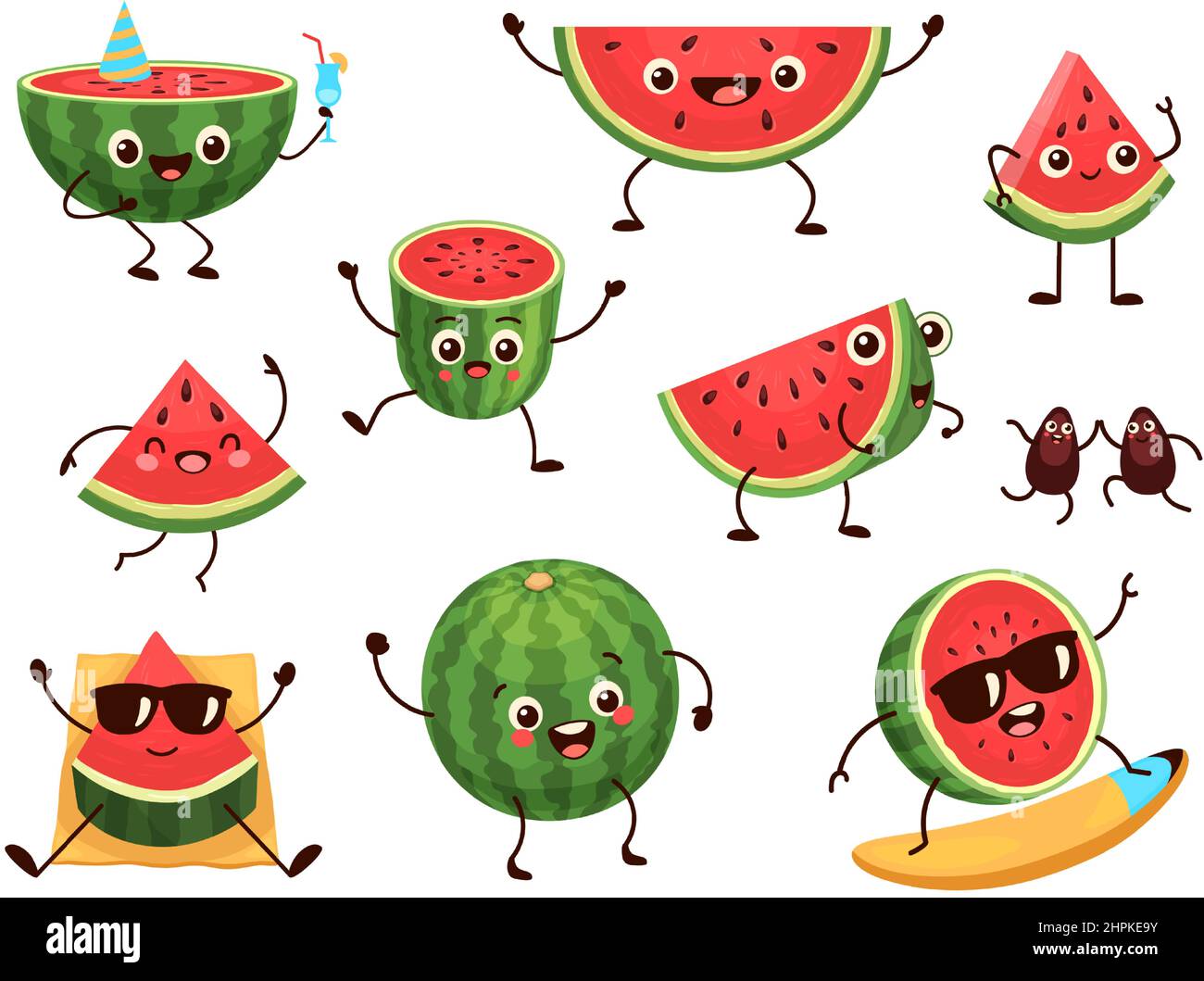 Funny watermelon slices characters with cartoon smile faces. Cute fruit ...