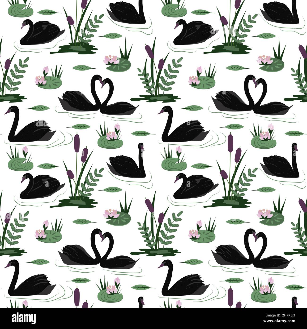 Colorful seamless pattern with gorgeous wild black swans floating in ...