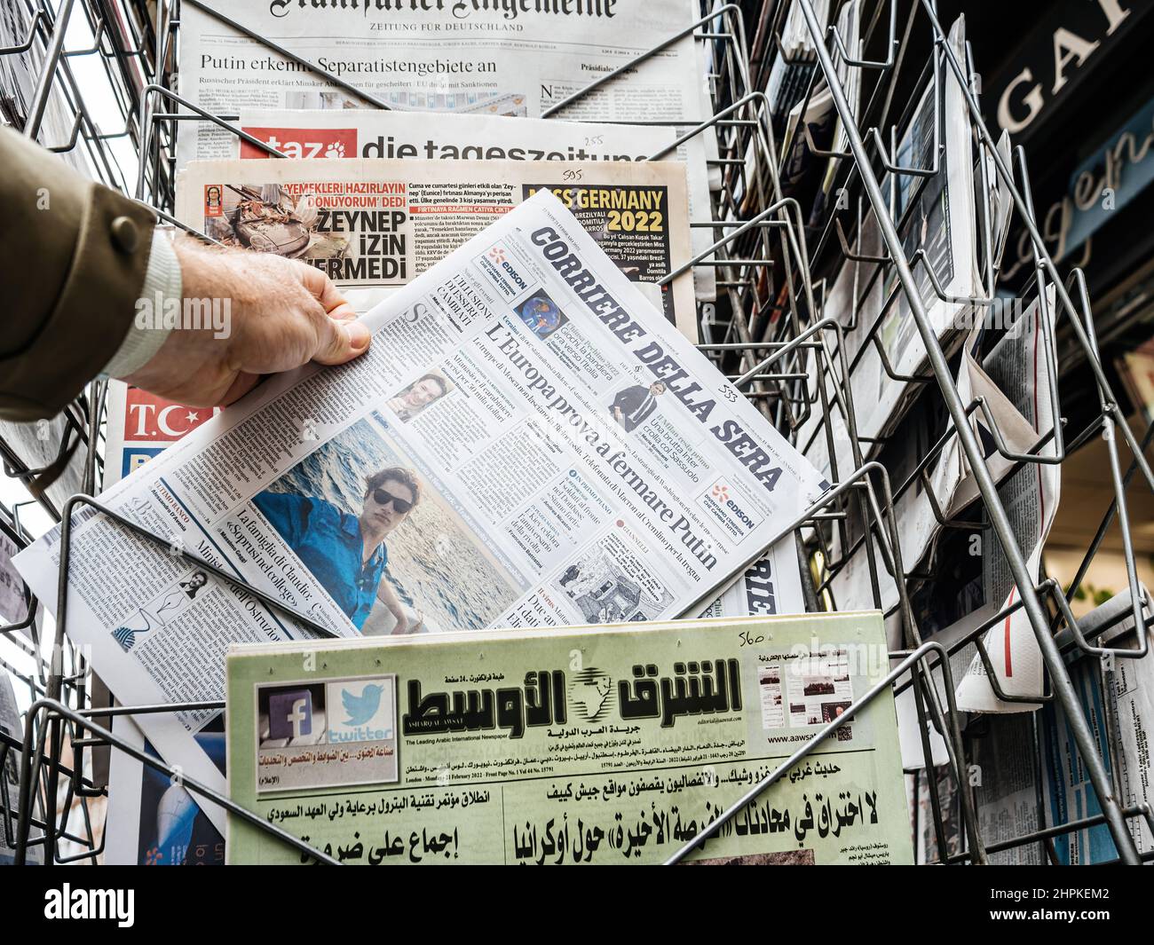 Paris, France - Feb 22 2022: POV Italian newspaper Corriere della Sera ...
