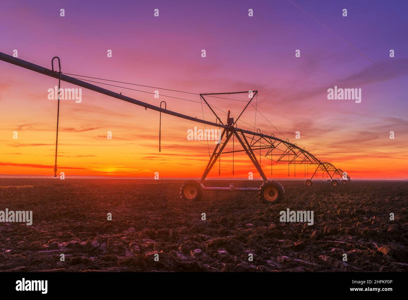 Lateral move agricultural irrigation system on plowed field in sunset ...