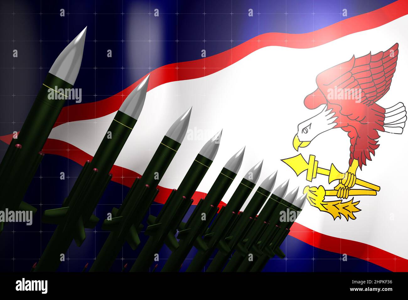 Cruise missiles, flag of American Samoa in background - defense concept ...