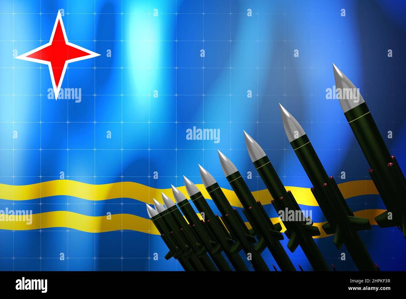 Cruise missiles, flag of Aruba in background - defense concept - 3D ...